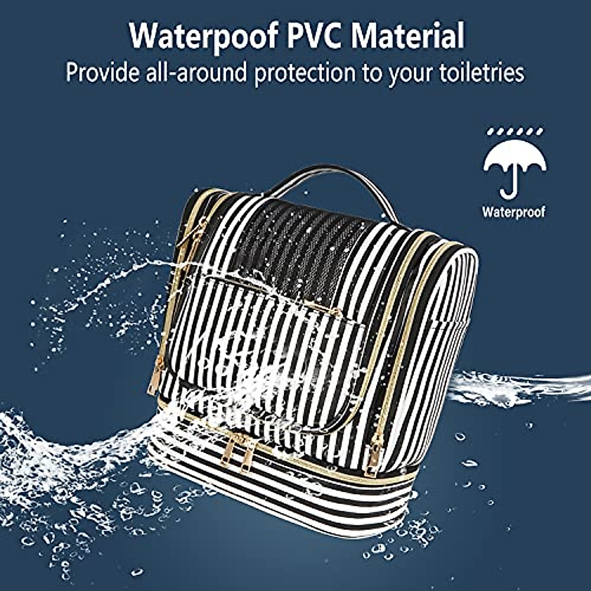 WDLHQC Large Hanging Toiletry Bag with Hook | Water Proof Zip Bag Travel Makeup Bag Organizer | Cosmetic Travel Bag for Toiletries | Travel Essentials for Women & Men Hanging Travel Bag (Black Stripe)