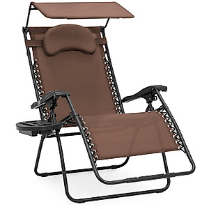 Best Choice Products Oversized Steel Mesh Zero Gravity Reclining Lounge Patio Chair w/Folding Canopy Shade and Cup Holder, Brown