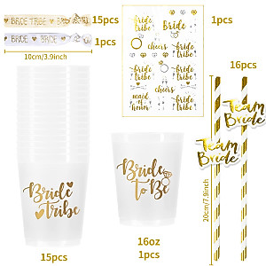 MOVINPE Bachelorette Party Accessories, Hen Party Cups Straws 16 Set, 1 Bride Hair Ties 15 Bride Tribe Hair Ties, Tattoos Bride Tribe, Bride to Be Decorations Bridal Shower Party Supplies (Golden)