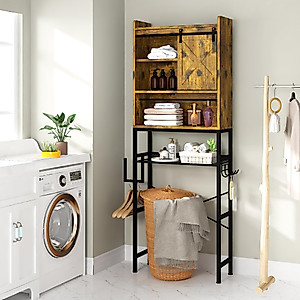 Lamerge Over The Toilet Storage Cabinet, Bathroom Toilet Rack with Barn Door, Freestanding Bathroom Organizer Over Toilet with Adjustable Shelf, Paper Hook, Space Saver Toilet Stands, Retro Brown