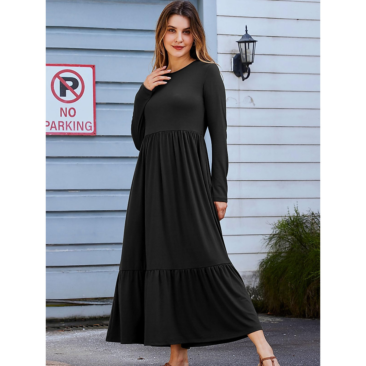 LILLUSORY Womens Long Sleeve Crewneck Ruffle Swing Midi Dress 2023 Fall Casual Loose Tiered Maxi Dresses with Pockets Black
