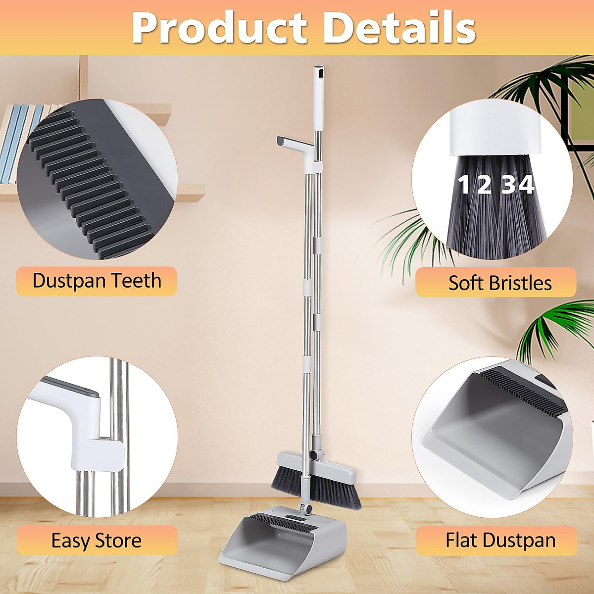 Broom with Dustpan Combo Set, 3 in 1 Brooms for Sweeping Indoor and Outdoor Long Handle Broom and Dustpan Set Push Broom Heavy Duty for Home Cleaning Bathroom Kitchen