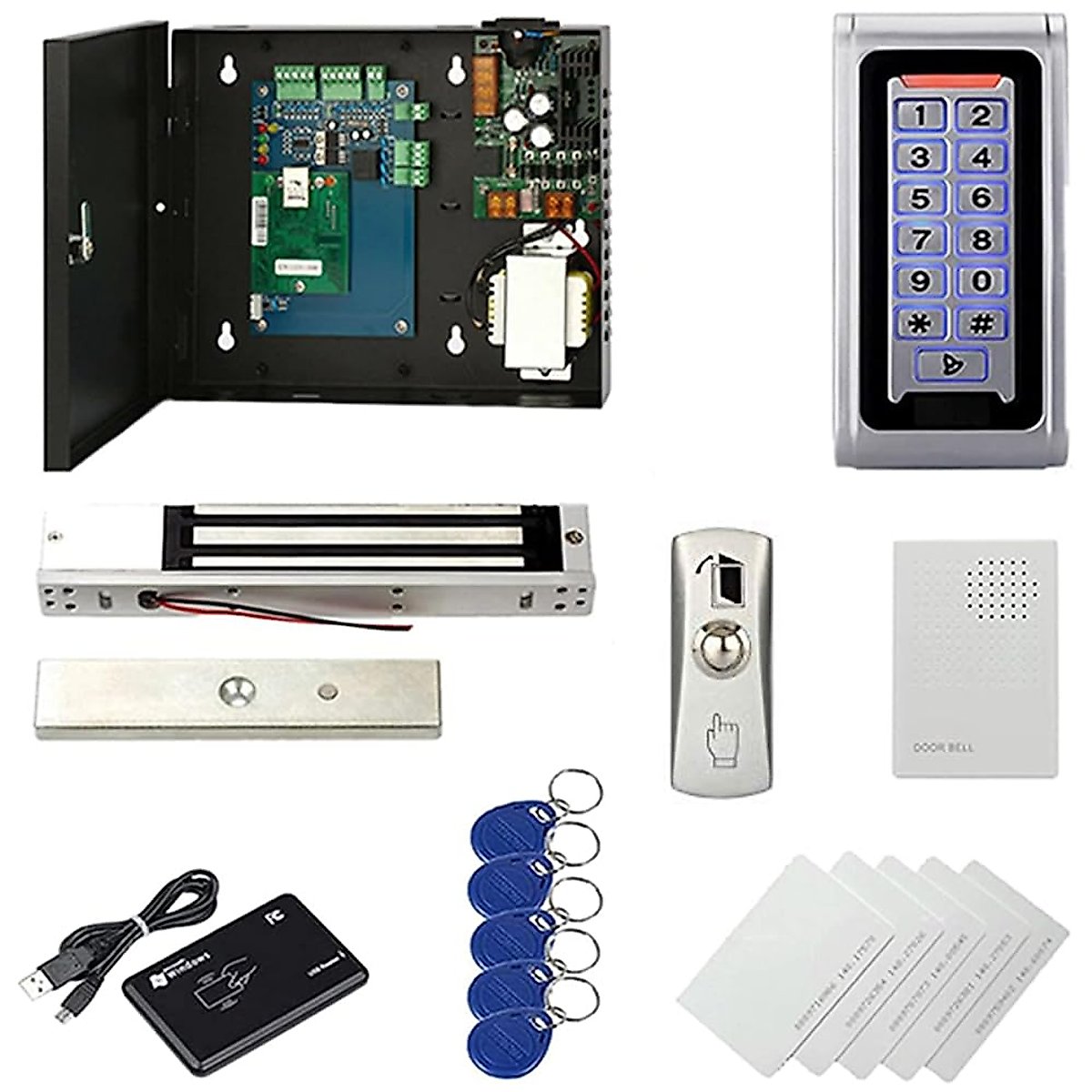 MENGQI-CONTROL Indoor Outdoor Install Waterproof 1 Door Access Control System Metal Keypad Reader RFID PIN Code Open 600LBS Magnetic Lock 110V Power Supply Box Management Software APP Remote Open Door