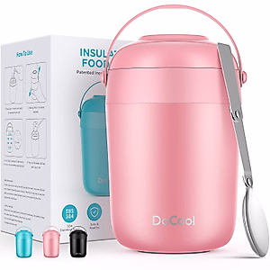 DaCool Food Thermos for Kids With Handle 16 Ounce Insulated Lunch Containers Leakproof Thermos for Food Lunch Soup Vacuum Stainless Steel With Folding Spoon Lunch Box for Kids School Outdoors Pink