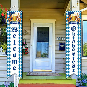 Oktoberfest Welcome Banner Decorations, Blue and White Bavarian Flag Check Welcome Porch Sign Banner, Welcome Oktoberfest Door Banner Decorations for German Oktoberfest Beer Festival Party Supplies
