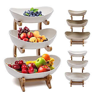 Futchoy Household 3 Tier Ceramic Fruit Plate Bowl,Bamboo Wooden Frame Plate Basket Holder,for Vegetables,Fruit and Candy Organizing (White)