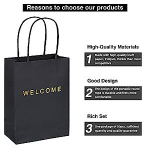 driew Welcome Bags 50 Pack, 5.9 x 3.1 x 8.3'' Black Welcome Gift Bags Paper Bags with Handles Black Gift Bags for Retail, Wedding,Party, Shopping