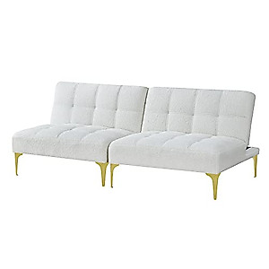 Convertible Couch Bed Futon with Gold Metal Legs, Modern Multi-Functional Convertible Sofa Bed, Teddy Fabric, Small Sectional Sofa, Perfect for Living Room, Bedroom, Office, Apartment (White)
