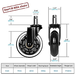 Hirate Office Chair Caster, 3" Computer Desk Chair Replacement Set of 5 Heavy Duty Protection for All Floors, Universal Stem 11mm (7/16" x7/8")