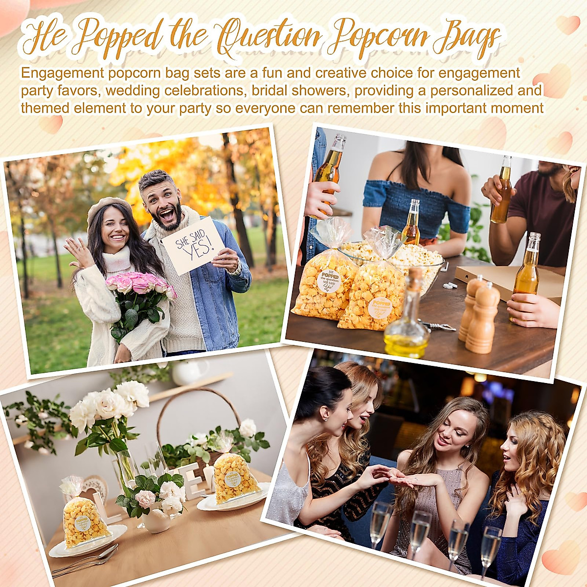 AIOMOB 50 Pack He Popped the Question Popcorn Bags Engagement Party Favors Decorations She Said Yes Sticker Clear Popcorn Favor Bags for Engagement Party Bridal Shower Wedding Supplies