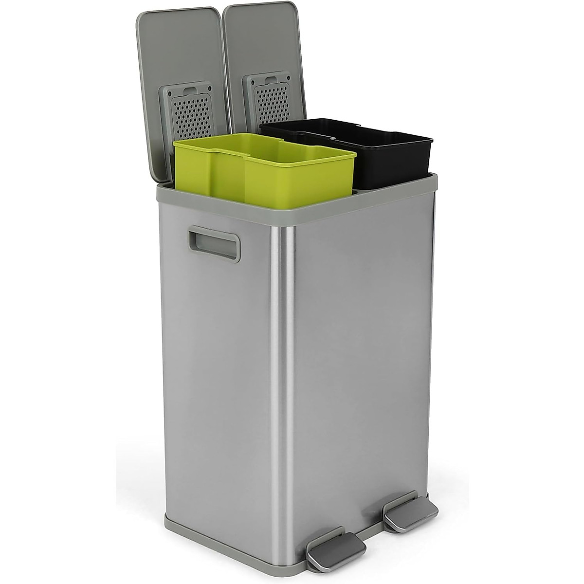 40 Liter Rectangular Hands-Free Dual Compartment Recycling Kitchen Step Trash Can with Soft-Close Lid, Brushed Stainless Steel (2 x 20L Capacity)