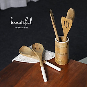 The Art Box Wooden Cooking Spoon Utensils Set of 5 - Kitchen Serving Tools Non-Stick Cookware12 Inch Wooden Fork, Corner Spoon, Slotted Turner, Spoon, Spatula For Baking, BPA Free, White