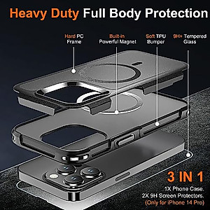 SUPFINE for Magnetic iPhone 14 Pro Case (Compatible with MagSafe) (10 FT Military Dropproof) 2X (Tempered Glass Screen Protector) Non-Slip Phone Case Cover,Black