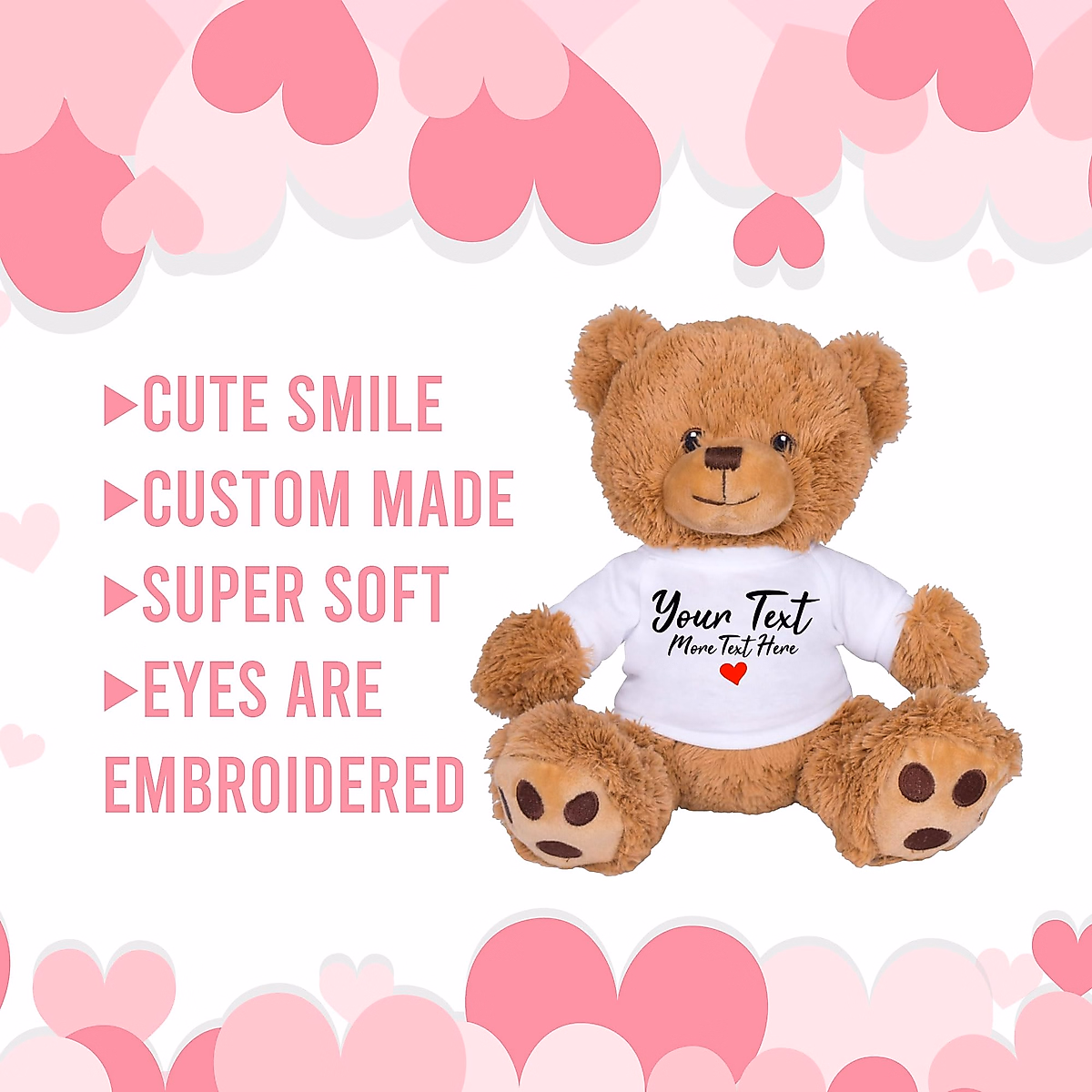 TeesAndTankYou Custom Teddy Bear 8 Inch with Custom Text, Personalized Gift for Anniversary, Graduation, Brown Stuffed Animal White Shirt YT