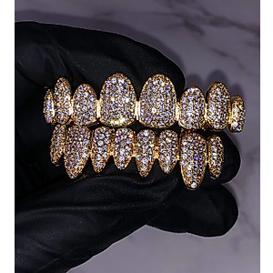 14k Iced 1.2 ct CZ Set 8 Teeth Joker Gold Grillz for Mouth Top Bottom Hip Hop Teeth Grills for Teeth Mouth Grillz for Mouth Top Bottom Set (Gold)