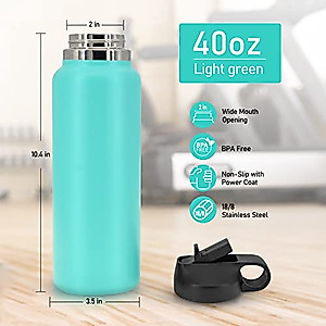 Stainless Steel Water Bottle With Straw Lid, 40 oz Sports Water Bottle Vacuum Insulated Hydro Flask Wide Mouth Thermos with New Rotating Handle Spout Lid (40oz, Blue)