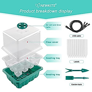 Seed Starter Tray with Grow Light, NEWKITS Plant Germination Starter Kit Seed Starter kit with Humidity Dome and Base for Greenhouse Grow Wheatgrass Hydroponic(12 Cells per Tray) (with Grow Lights)