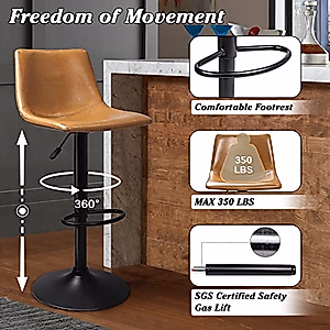 Waleaf Adjustable Swivel Bar Stools Set of 2,Counter Heigh Bar Stools with Back,350 LBS PU Leather Bar Stool for Kitchen Island,Upholstered Pub Stools with Footrest,Armless Dining Chairs for Bar