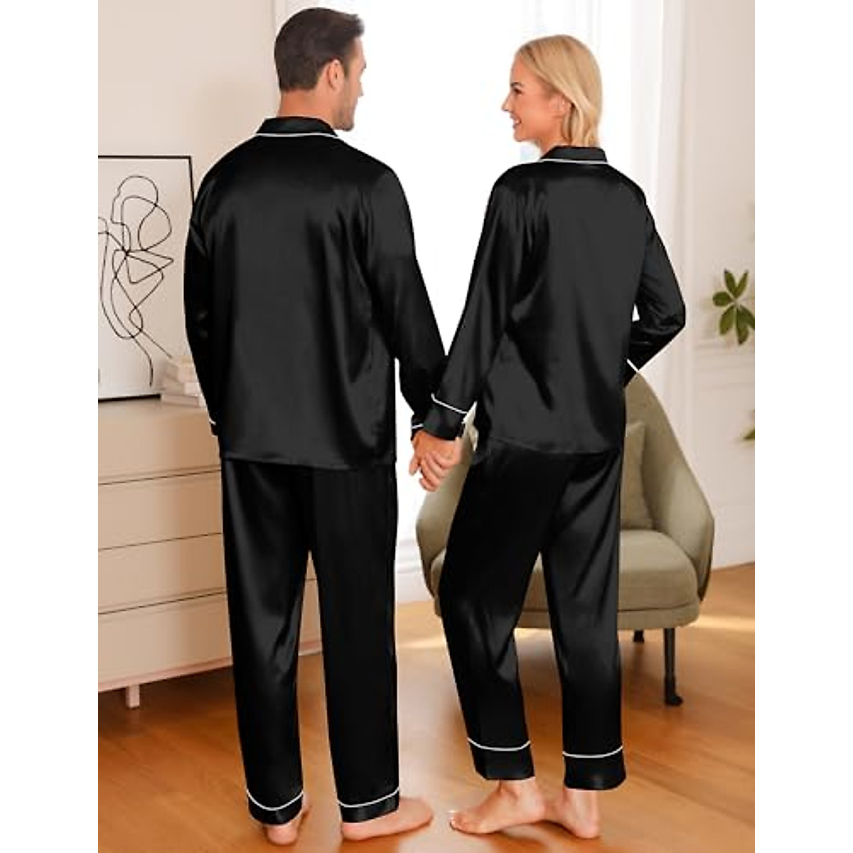 SWOMOG Couple Family Pajamas Matching Sets Women Silk Satin Pjs Set 2 Pcs Long Sleeve Button Down Sleepwear with 2 Pockets, Black Small