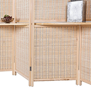 RHF 6 ft Tall (Extra Wide) Beige Woven Bamboo Room Divider&Room dividers and Folding Privacy Screens,Partition Wall, with 2 Display Shelves&Room Divider with Shelves-Bamboo -4 Panels 2 Shelves