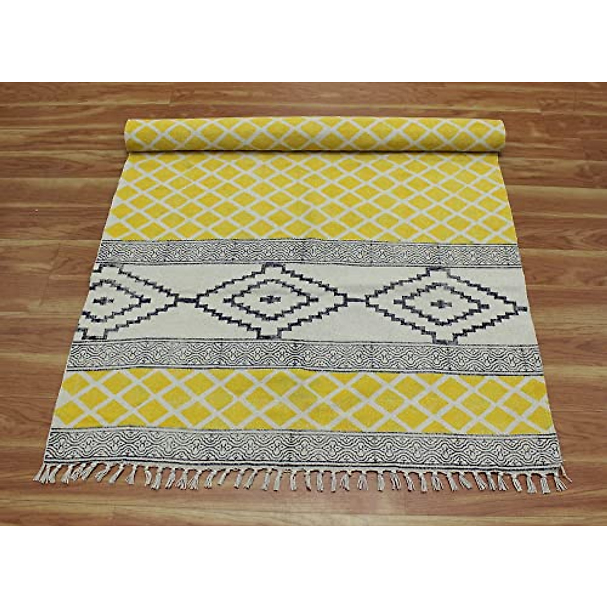 Casavani Hand Made Cotton Dhurrie Geometric Yellow & Black Tassel Rug Easy Care Washable Rugs for Doormat Entryway Living Room Bedroom Hallway Balcony 8x10 Feet