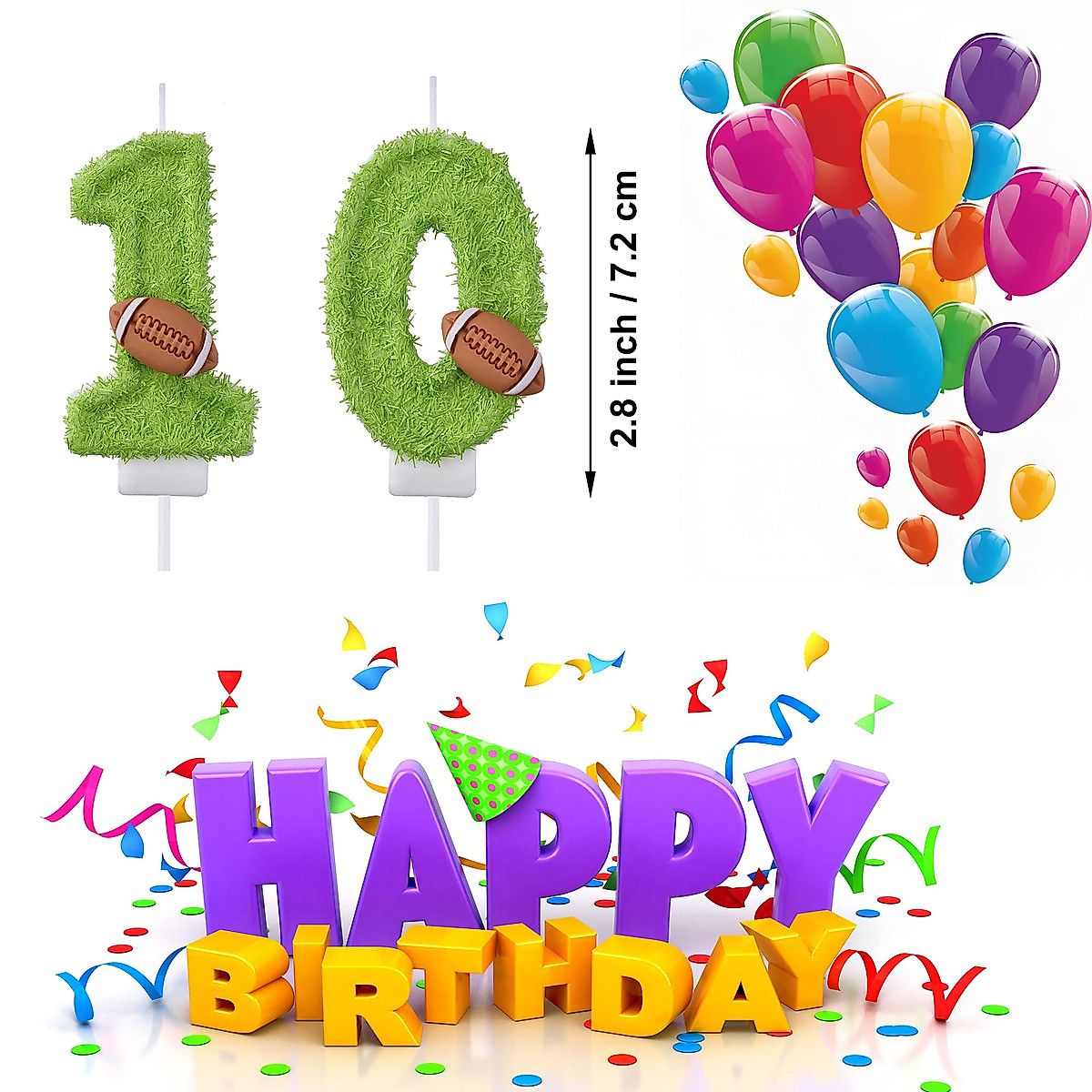 VSHILI 10 Birthday Candles, 10th Cake Candles, Green Happy Birthday Number 10 Candles Cake Topper Decorations for Party Kids Boys Girls