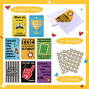 24 Sets Thank You Card for Coach Gifts Greeting Card with Envelopes and Stickers for Coach Teacher Appreciation Gift for Men Basketball Baseball Soccer Football Birthday Athlete