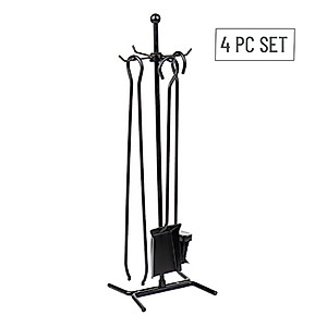 Mind Reader Fireplace Set with Stand, Brush, Shovel Scoop, Poker, Tongs, Steel, 8.25"L x 6.75"W x 26.25"H, 4 Pcs, Black