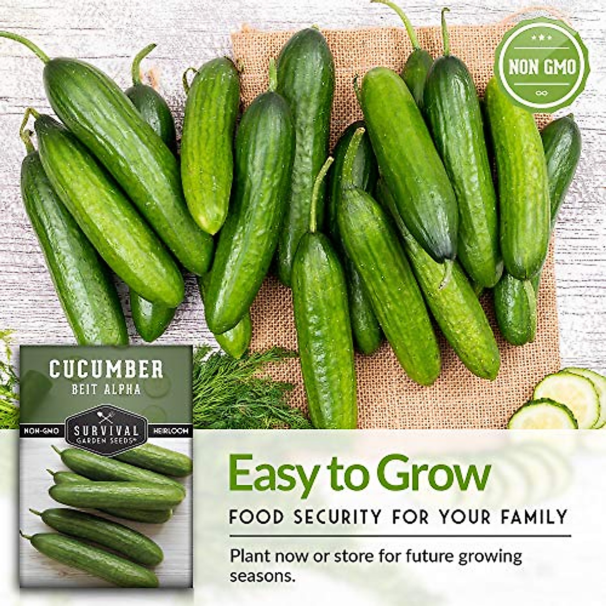 Survival Garden Seeds - Beit Alpha Cucumber Seed for Planting - Pack with Instructions to Plant and Grow Smooth Green Burpless Cucumbers in Your Home Vegetable Garden - Non-GMO Heirloom Variety - 2