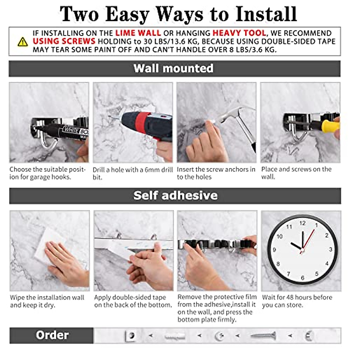 5 Racks and 4 Hooks Mop and Broom Holder Wall Mount, Broom Organizer Storage Tool Racks Stainless Steel Heavy Duty Hooks Self Adhesive Solid Non-slip for Home Kitchen Garden Laundry Garage
