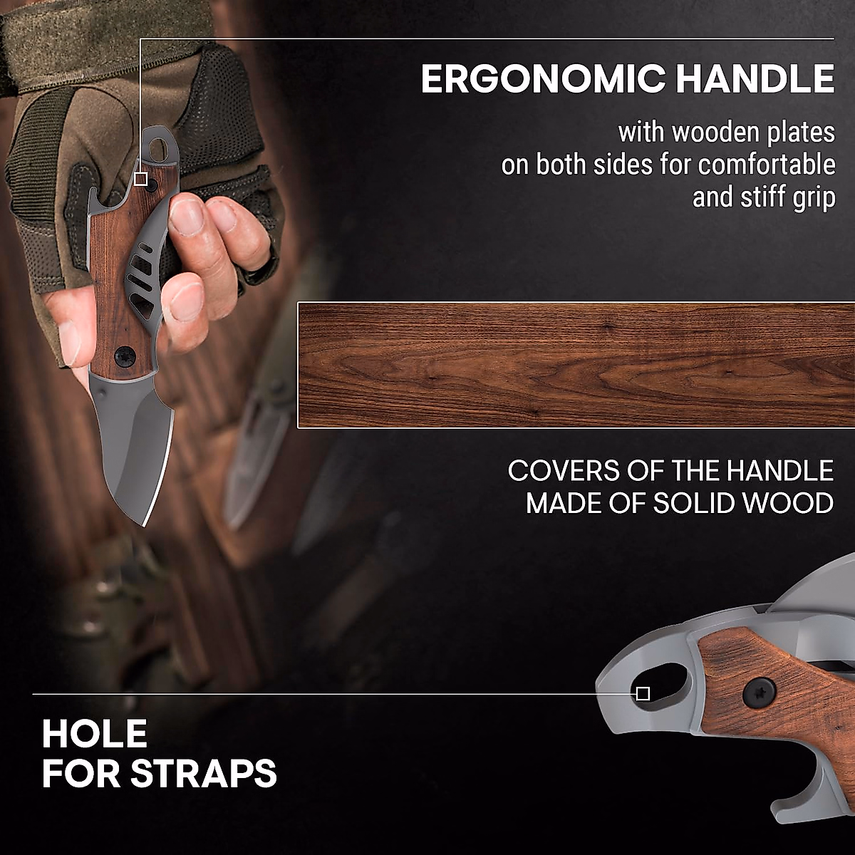 Small Pocket Knife for Men - 5.7’’ Keychain Knife with Bottle Opener - Box Cutter - Wood Handle - Liner Lock - Legal Mini EDC Folding Knife - Cool Sharp Tiny Knives - Gift for Everyone 6779N