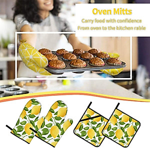 Bright Yellow Lemons Oven Mitts and Pot Holders Sets of 2,Resistant Hot Pads with Polyester Non-Slip BBQ Gloves for Kitchen,Cooking,Baking,Grilling