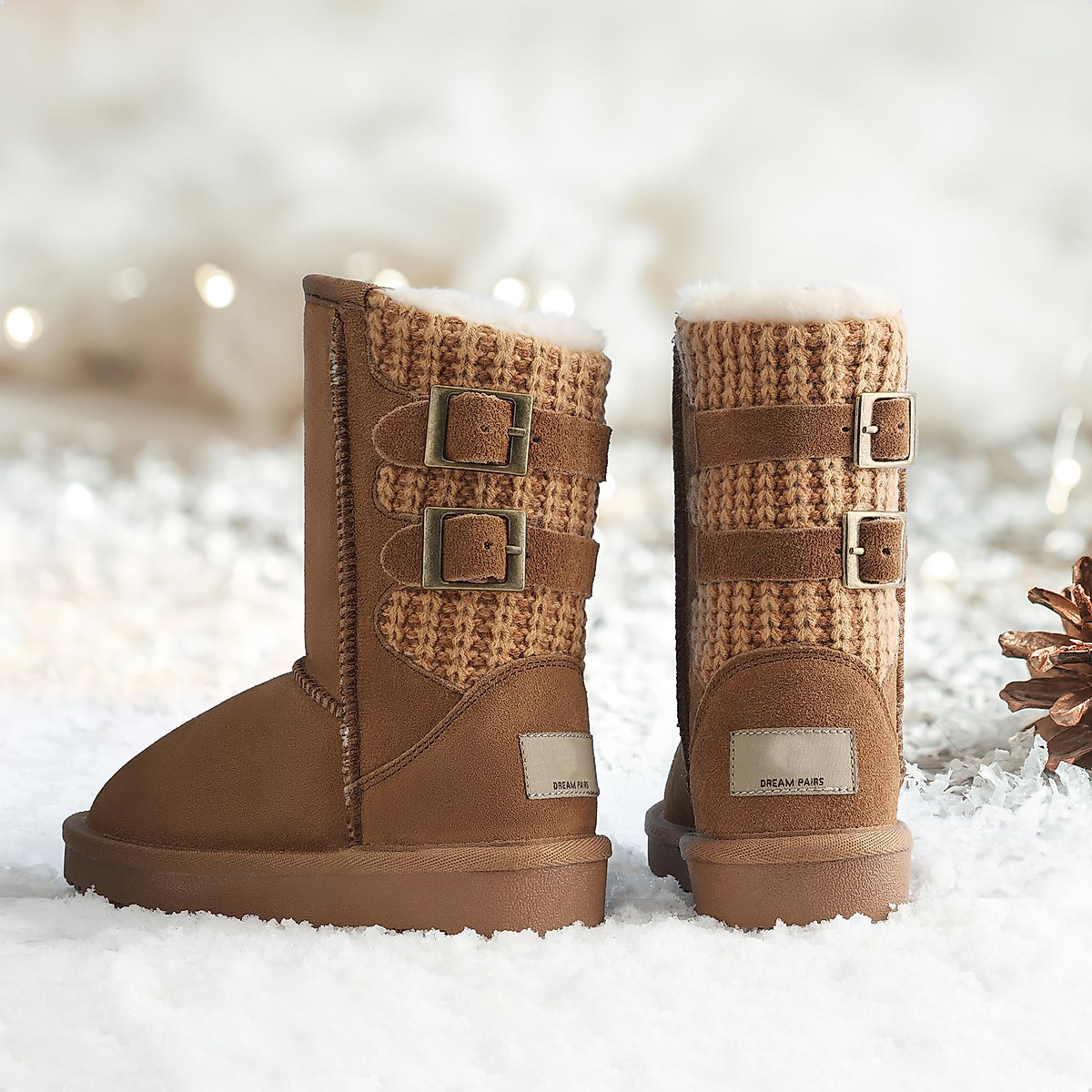 DREAM PAIRS Girls Boys Winter Boots Faux Fur Lined Mid Calf Kids Snow Tall Shoes for Little Kid/Big Kid,Size 13 Little Kid,Chesnut,Sweaty-Buckle-K