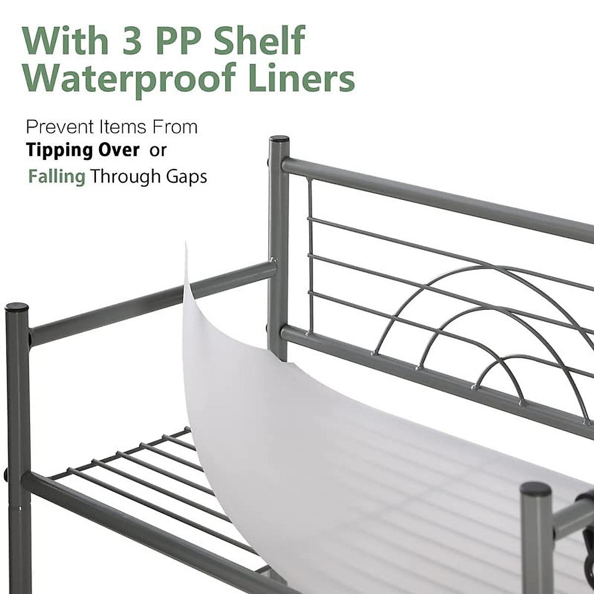 MallBoo 3-Tier Metal Freestanding Storage Shelf,Standing Bathroom Shelves with 3 x PP Shelf Liners and 4 x Hooks for Laundry Kitchen Office (Grey)