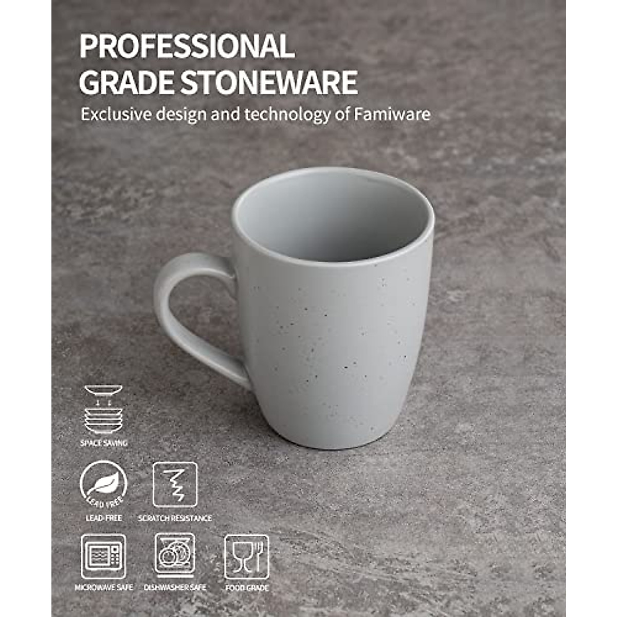 famiware Coffee Mug Set of 6, 15oz Large Ceramic Mug for Men, Women, Speckle Glazed Mugs with Handle for Coffee, Tea, Milk, Cocoa, Cereal, Light Gray