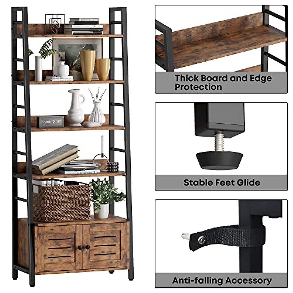 IRONCK Bookshelf with Louvered Doors, 4-Tier Ladder Shelf with Cabinet Industrial Accent Furniture for Bedroom Living Room Home Office, Rustic Brown