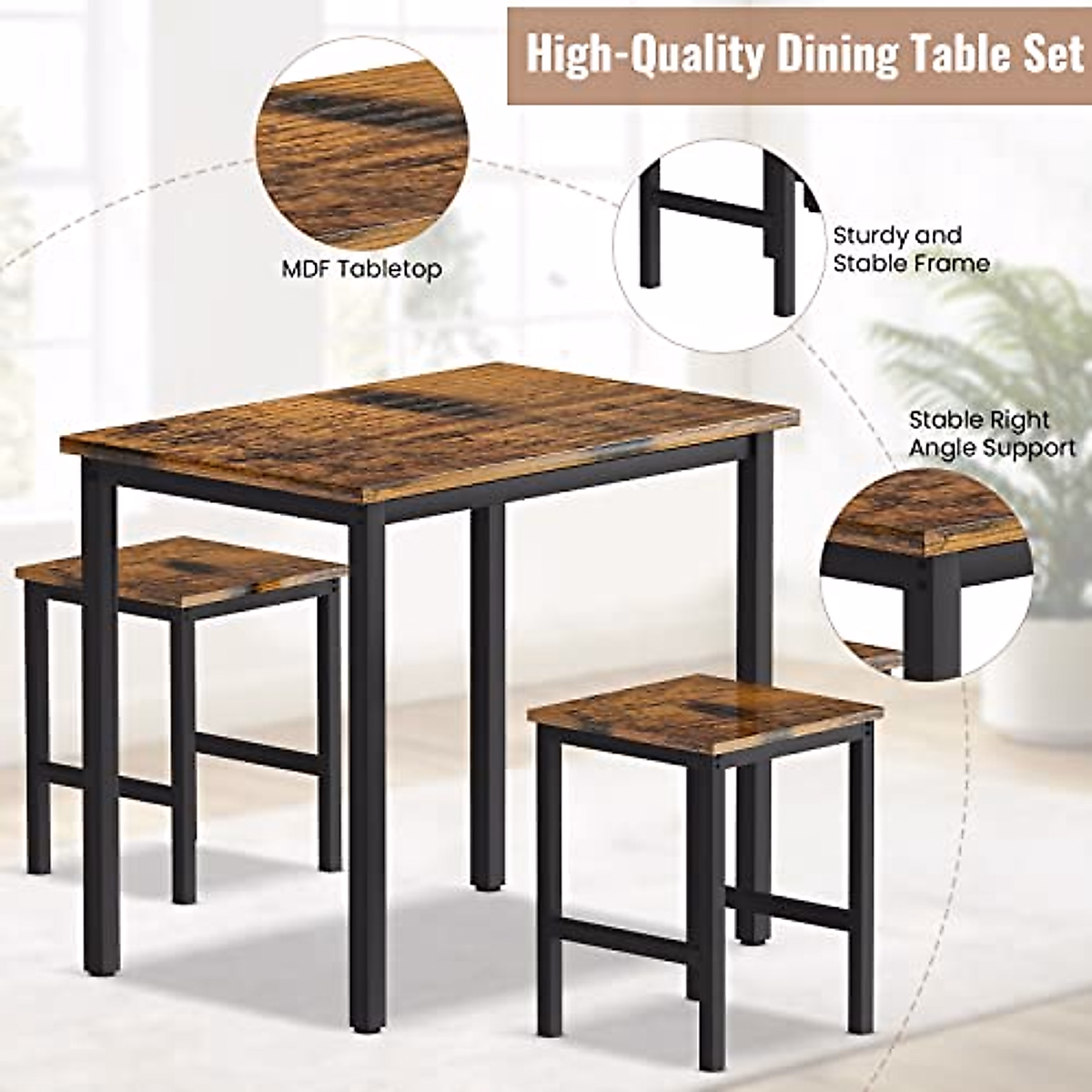 Recaceik 3 Piece Chairs for 2, Modern Wood Room, Small Dining Breakfast Table Set with 2 Stools & Metal Frame for Kitchen, 35 Inch, Brown