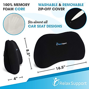 RELAX SUPPORT RS13-S Lumbar Support Pillow for Car - Full Memory Foam, Adjustable Dual Straps, Medium Firm - Promotes Good Spinal Posture&Comfortable Sitting While Driving - Back Support for Car Seat