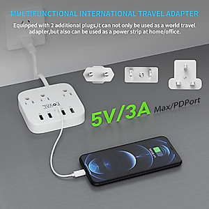 European Travel Plug Adapter, FOVAL EU UK US Power Strip with USB C and 4 USB Ports, 3 AC Outlets, Wall Mountable, 5ft Extension Cord, Compact for Travel, Cruise Ship, Home Office