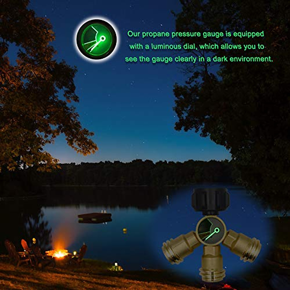 3 Way Propone Splitter QCC/POL (Propane Tank 3 Y Splitter Adapter) with Gauge and Shut-Off Valve, 3 Way Propane Gas Splitter for Propane Tank, which for Camping Stoves, BBQ Grills, RV Camper, etc.