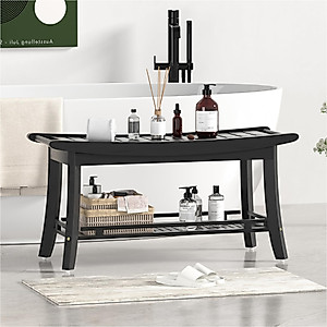 Eastglory Bamboo Shower Bench Chair Bathroom Shower Stool Seat for Inside Shower Bathtub with Storage Shelf Shower Foot Rest for Shaving Legs 39 x 13 x 19.2 Inches Black