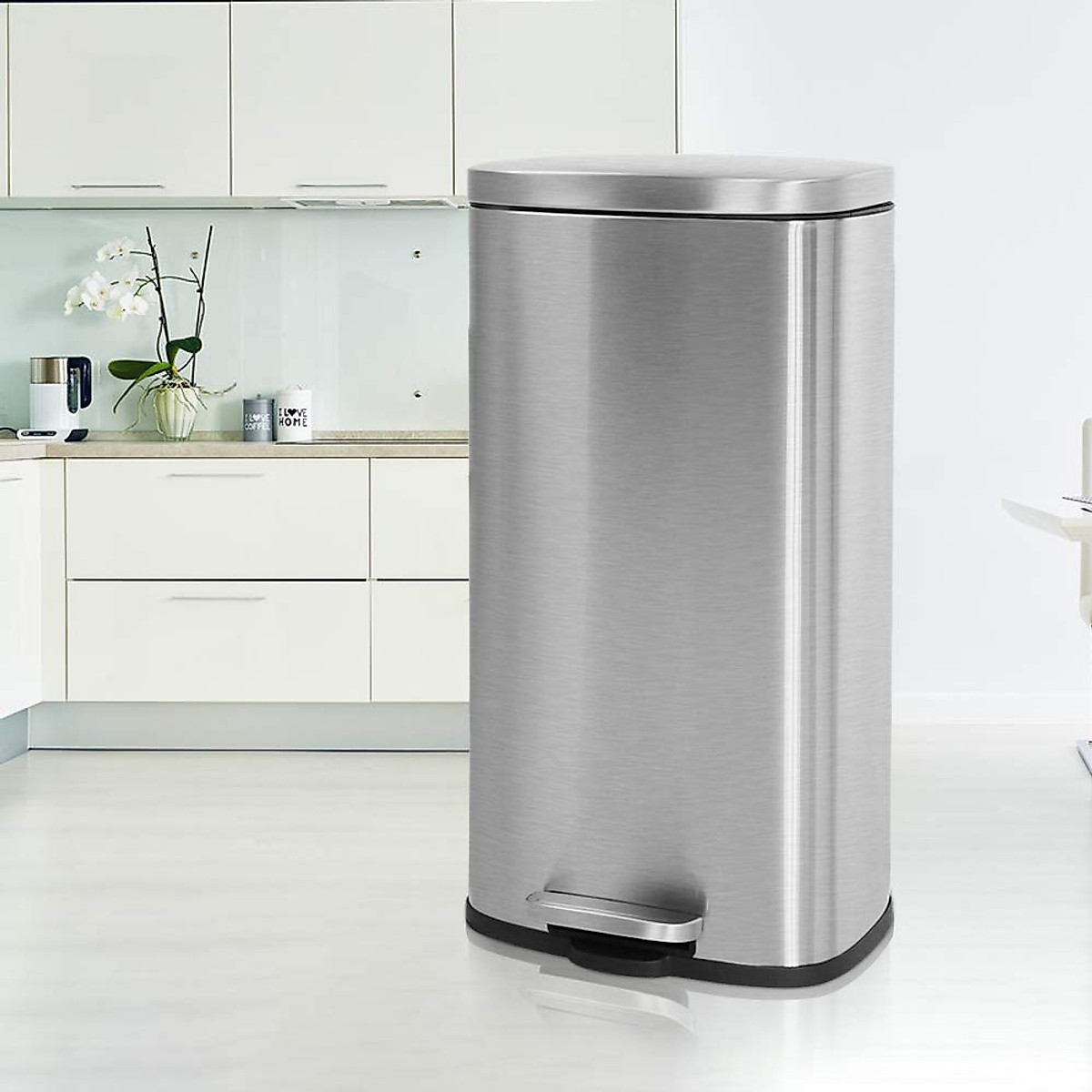Kitchen Trash Can Brushed Stainless Steel 8 Gallon/30L Step Garbage Can Small & Tall Waste Basket with Lid & Plastic Inner Bucket Metal Pedal Recycle Rubbish Bin for Kitchen, Bathroom, Bedroom, Office