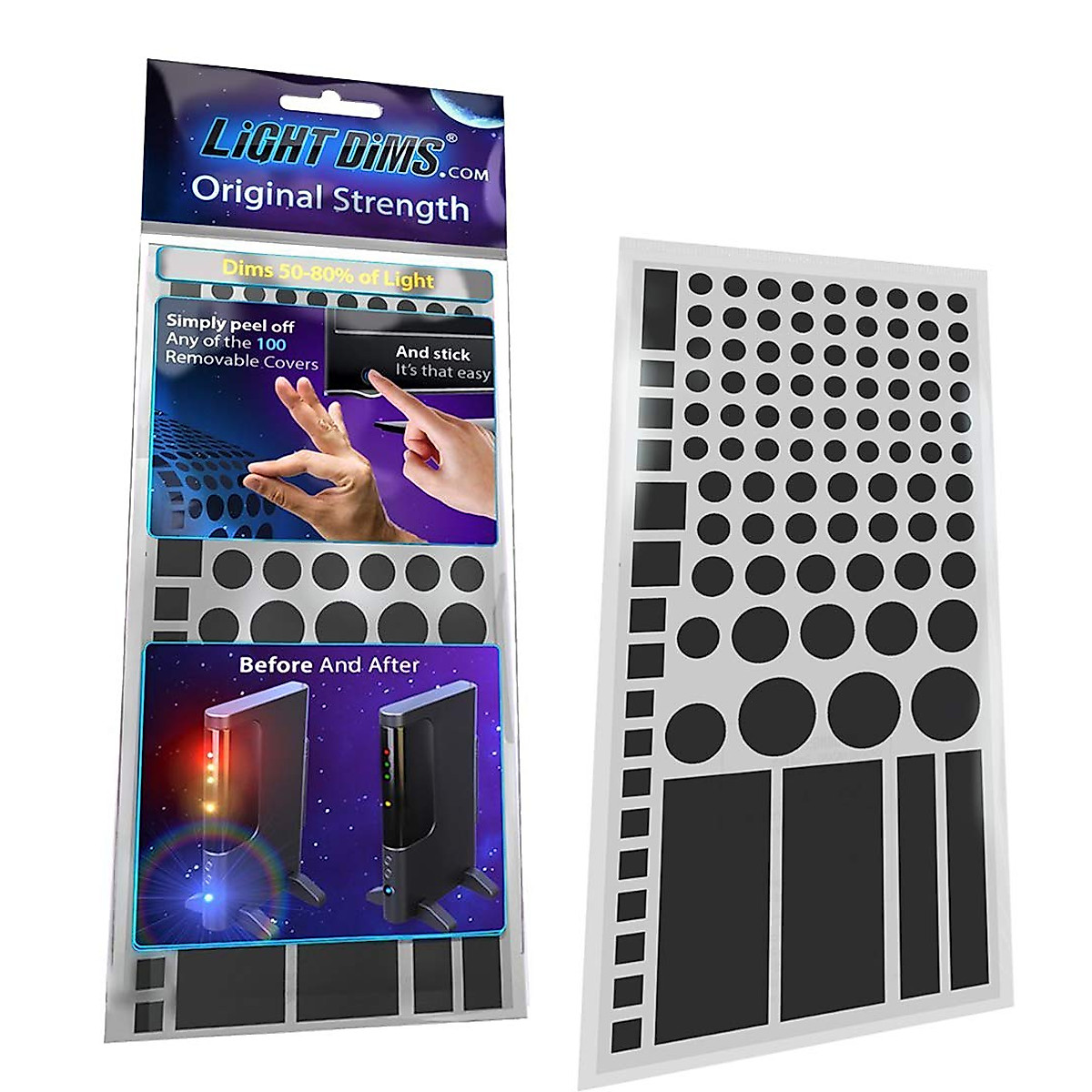 LIGHTDIMS Original Strength - Light Dimming LED Covers/Light Dimming Sheets for Routers, Electronics and Appliances and More. Dims 50-80% of Light, in Retail Packaging (1 Sheet).