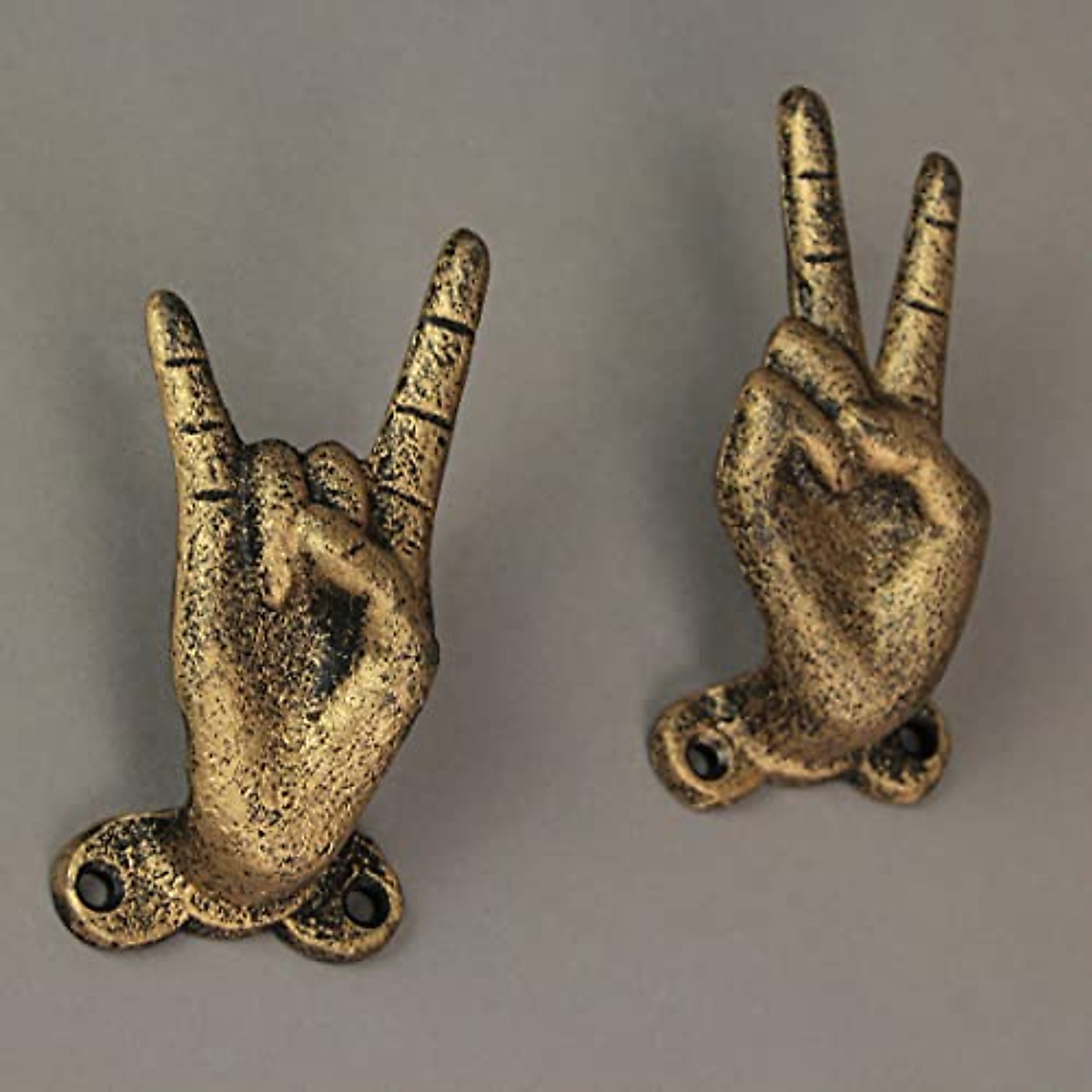 3 Gold Cast Iron Hand Gesture Decorative Wall Hooks, 4 Inches High - Peace Sign, Rock On, and Finger Gestures. Unique Stylish Key or Towel Hangers for