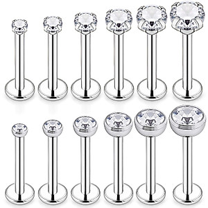 SCERRING 12PCS 16g Stainless Steel 2-4.5mm Clear CZ Internally Threaded Tragus Daith Cartilage Helix Earring Ring Body Piercing Jewelry 6mm - Silver