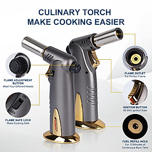 Butane Torch, Premium Double Flame Big Kitchen Torch Lighters with Safety Lock Adjustable Refillable Multipurpose Culinary Blow Torch for Creme Brulee, Baking, BBQ (Butane Gas Not Included)