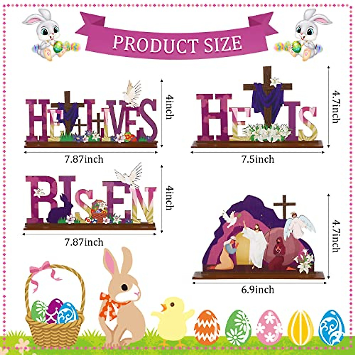 4 Pcs Easter Table Decorations He Is Risen Tabletop Decorations Easter Resurrection Scene Wooden Signs Jesus Cross He Lives Table Centerpiece for Easter Religious Party Holiday Decor