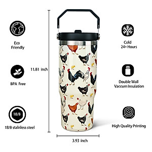 Exacmos 30oz Chicken Tumbler with Handle and Straw, Stainless Steel Vacuum Insulated Flip Straw 30 oz Coffee Rooster Tumbler, Spill Proof Travel Mug, Chicken Decor Gifts for Women
