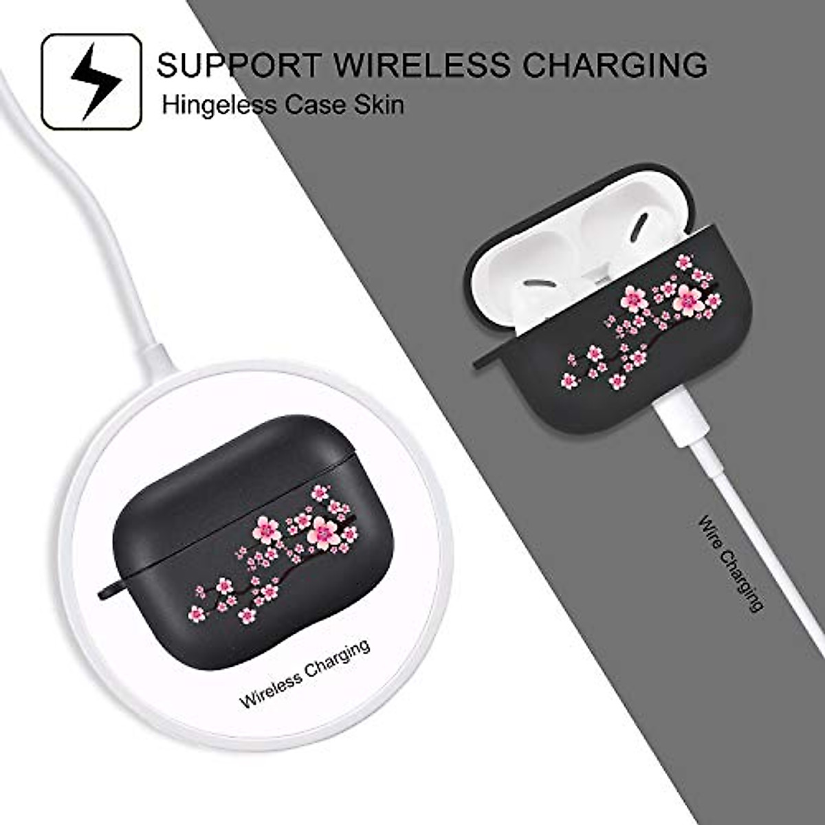 Cherry Blossom Case for Airpods Pro with Keychain, MAYCARI Cute Pink Floral Girls and Women Back Cover Protective Soft TPU Case for Airpod Pro