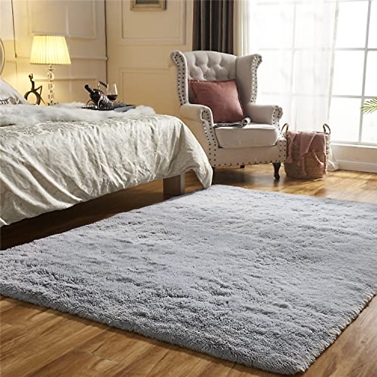 Area Rugs for Bedroom Living Room, 5ft x 7ft Light Gray Fluffy Carpet for Teens Room, Shaggy Throw Rug Clearance for Nursery Room, Fuzzy Plush Rug for Dorm